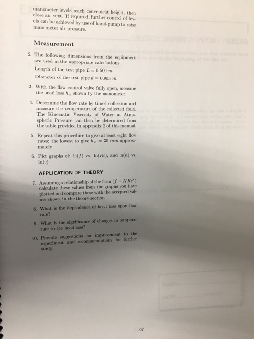 Solved EXPERIMENT 107 ENERGY LOSSES IN PIPES REFERENCES | Chegg.com