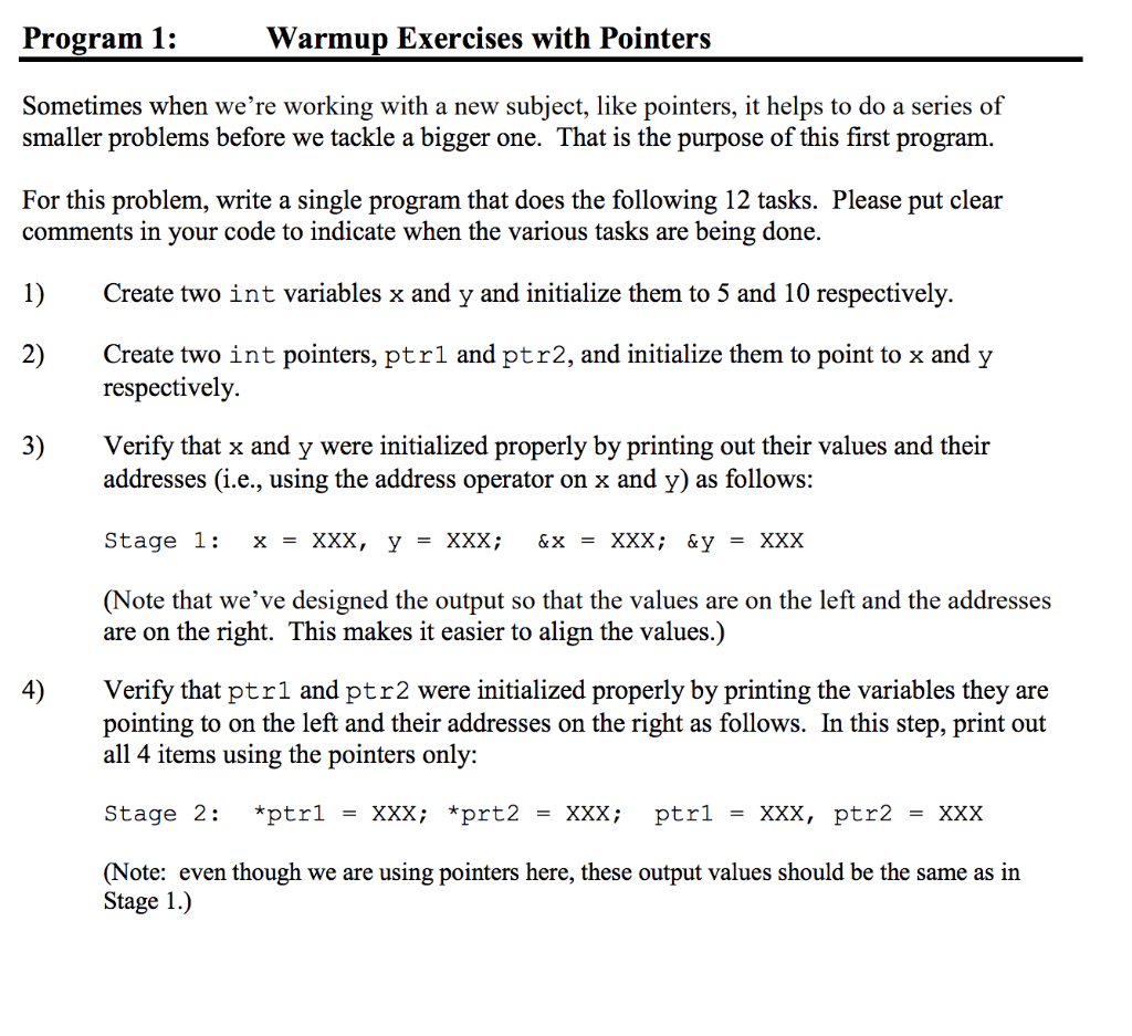 Solved Program 1: Warmup Exercises with Pointers Sometimes | Chegg.com