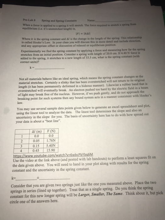 Solved Pre-Lab 8 Spring and Spring Constants Name When a | Chegg.com