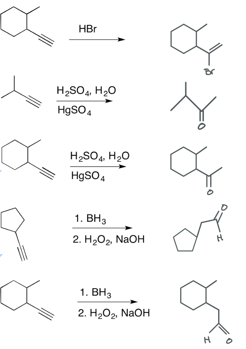 Solved HBr Br H2SO4, H20 y HgSO4 H2SO4, H2O HgSO4 1. BH3 2. | Chegg.com
