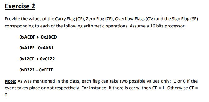Solved Provide the values of the Carry Flag (CF), Zero Flag | Chegg.com