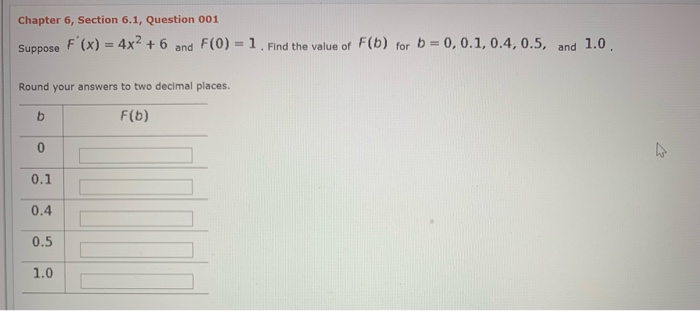 Solved Chapter 6, Section 6.1, Question 001 F(0)= 1, F(b) | Chegg.com