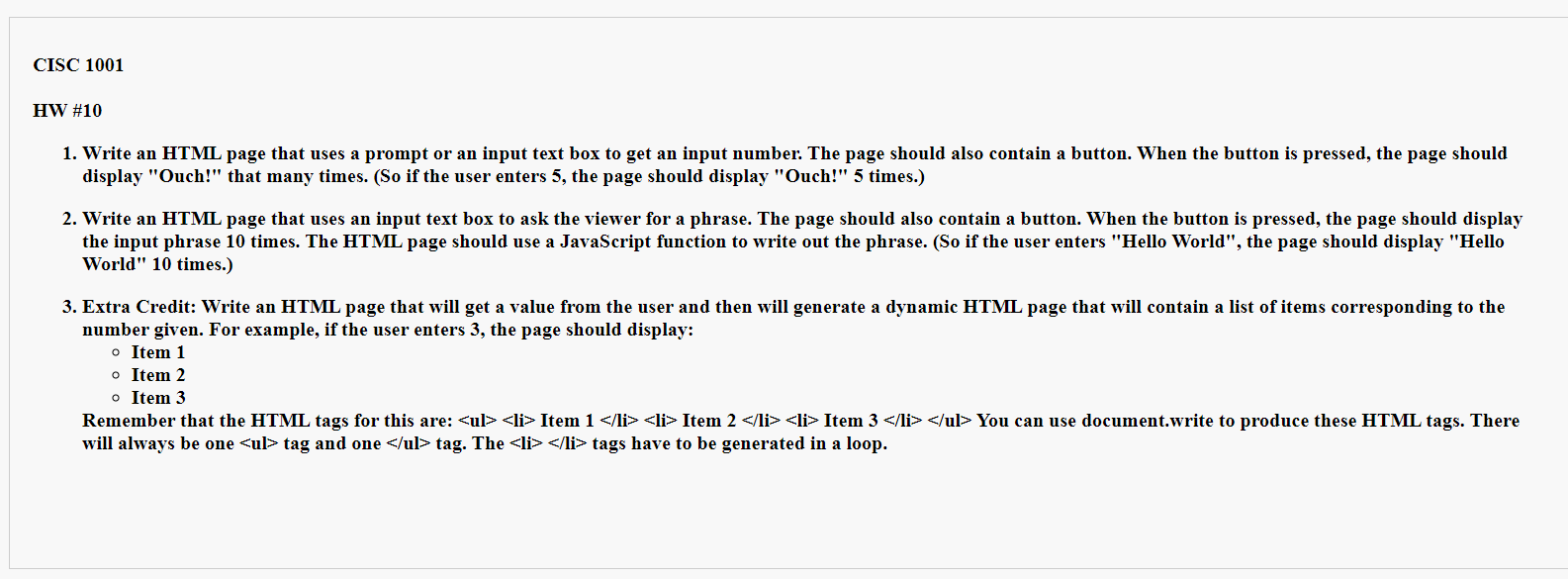 Solved CISC 1001 HW #10 1. Write an HTML page that uses a | Chegg.com