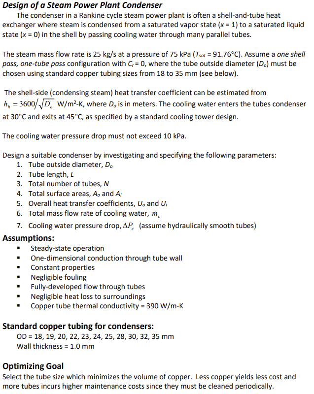 Solved Design of a Steam Power Plant Condenser The condenser | Chegg.com