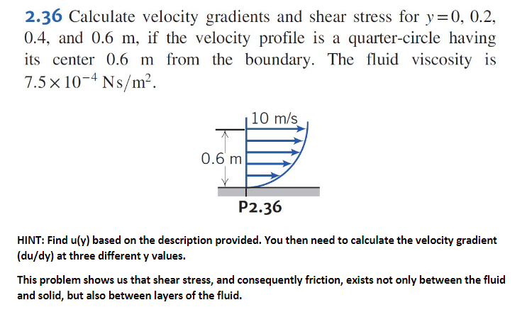 Solved 2.36 ﻿Calculate velocity gradients and shear stress | Chegg.com