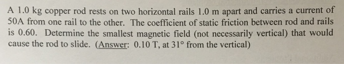 Solved A 1.0 kg copper rod rests on two horizontal rails 1.0 | Chegg.com