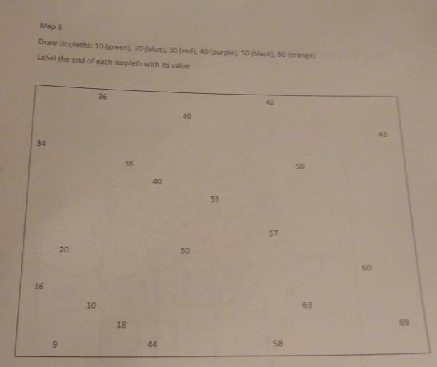 Solved Map 3 Draw isopleths: 10 (green), 20 (blue), 30 | Chegg.com