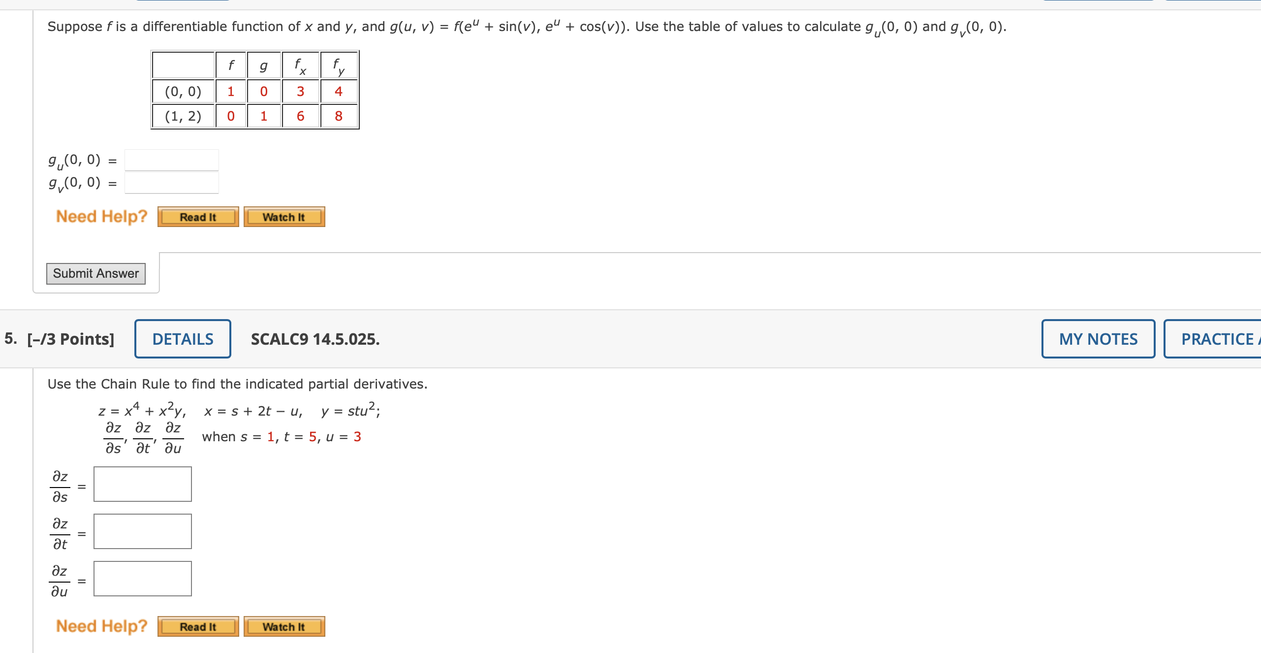Solved gu(0,0)=gv(0,0)= [3 Points] SCALC9 14.5.025. Use the | Chegg.com