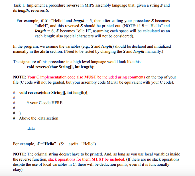 Task 1. Implement a procedure reverse in MIPS | Chegg.com