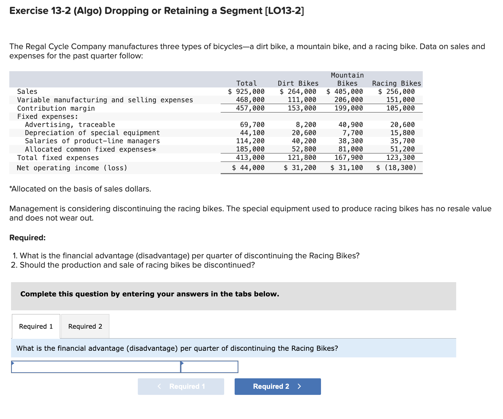 Solved Exercise 13-2 (Algo) ﻿Dropping or Retaining a Segment | Chegg.com