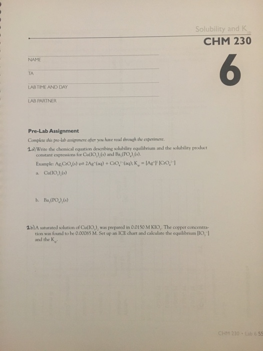 Solved Solubility and K CHM 230 6 NAME TA LAB TIME AND DAY | Chegg.com