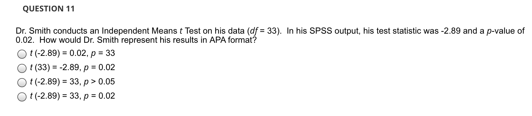Solved QUESTION 11 Dr. Smith conducts an Independent Means t | Chegg.com Solved QUESTION 11 Dr. Smith conducts an Independent Means t | Chegg.com