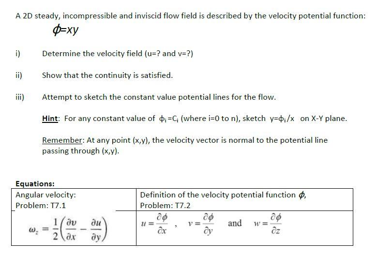 Solved A 2D steady, incompressible and inviscid flow field | Chegg.com