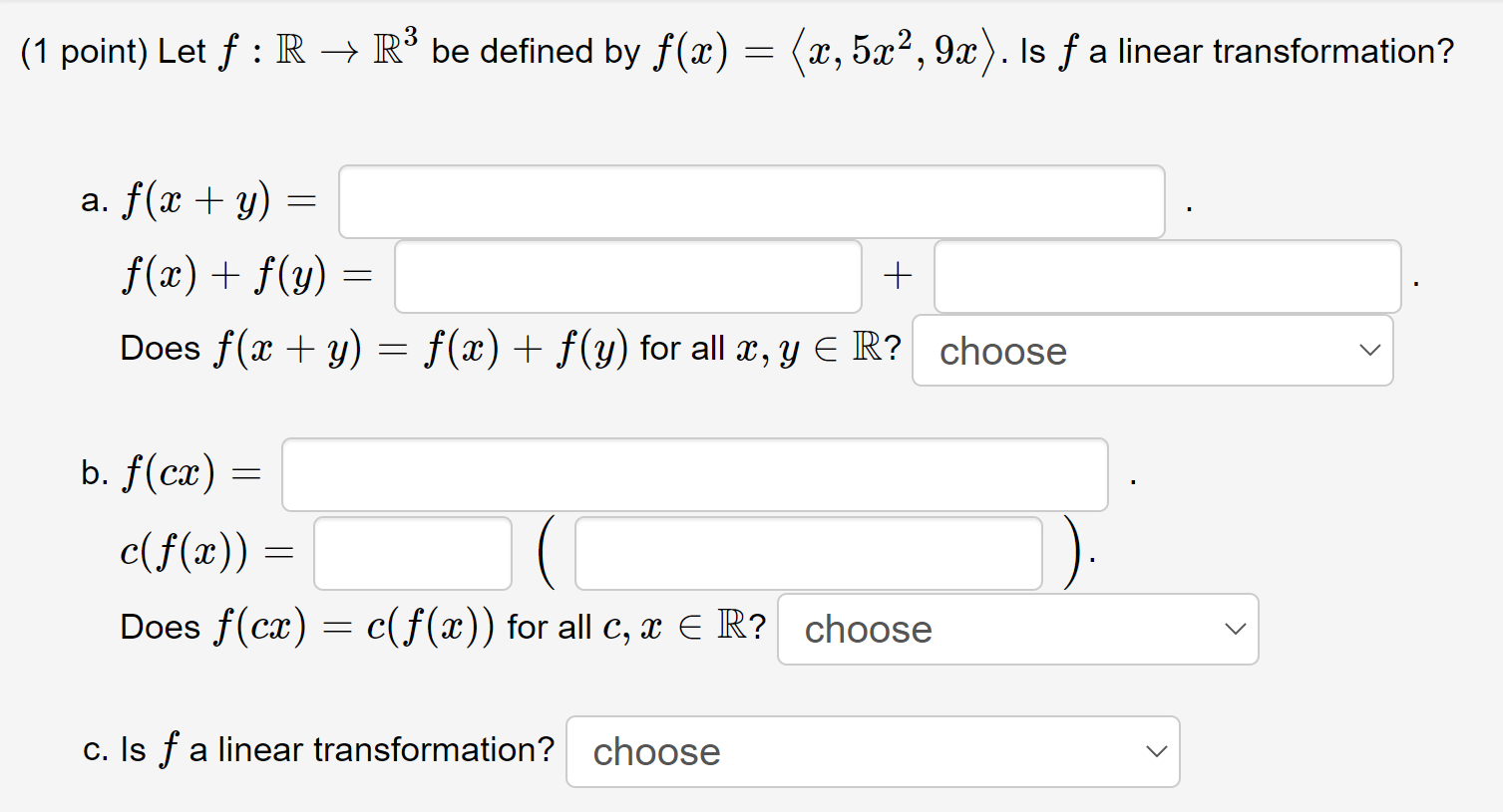 Solved 1 point) Let f:R→R3 be defined by f(x)= x,5x2,9x . Is | Chegg.com