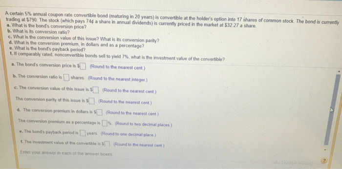 Solved 5% annual coupon rate convertible bond maturing in 20 | Chegg.com
