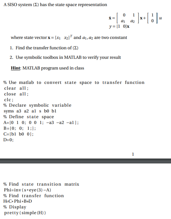 Solved A SISO system (2) has the state space representation | Chegg.com
