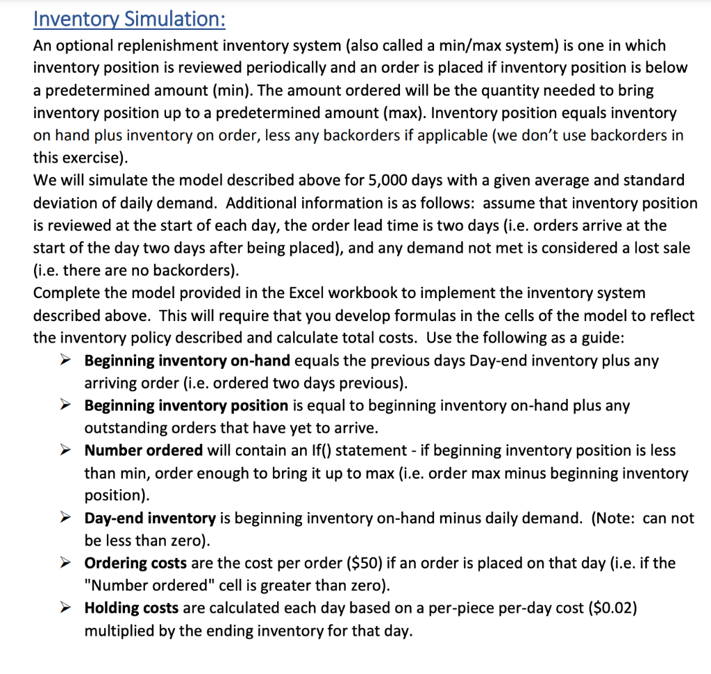 Inventory Simulation: An optional replenishment | Chegg.com