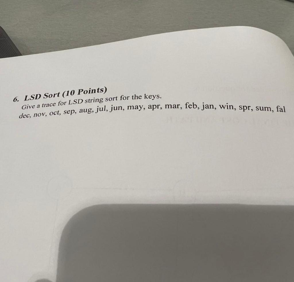 Solved 6. LSD Sort (10 Points) Give a trace for LSD string | Chegg.com