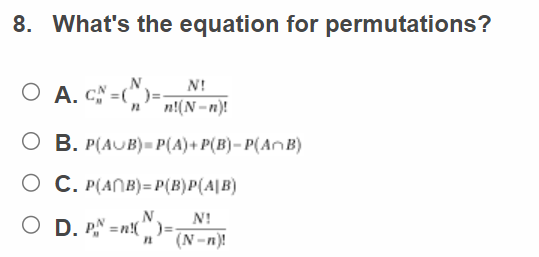 Solved 8. What's the equation for permutations? A. | Chegg.com