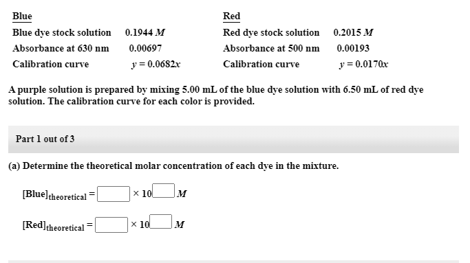 Solved Blue Blue dye stock solution 0.1944 M Absorbance at | Chegg.com