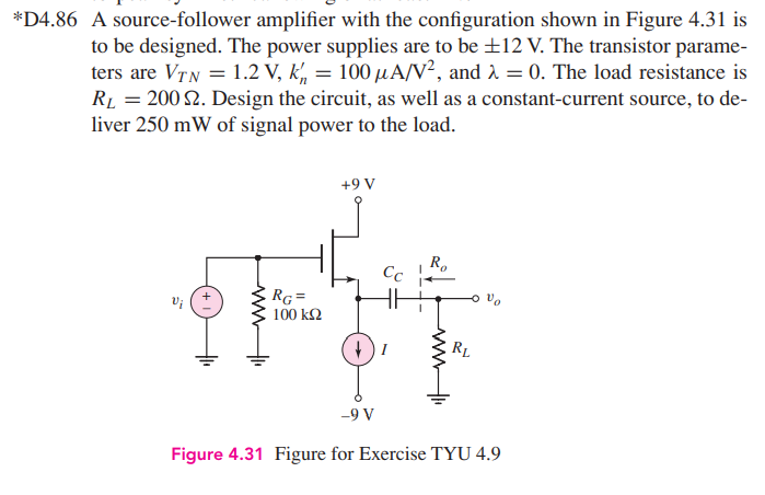 Solved *D4.86 A source-follower amplifier with the | Chegg.com