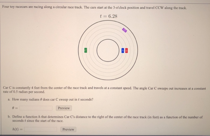 Solved Four toy racecars are racing along a circular race | Chegg.com