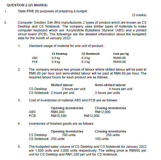 Solved State FIVE (5) purposes of preparing a budget. (5 | Chegg.com