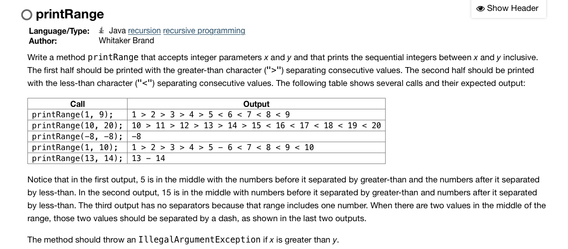 Solved Show Header O printRange Language/Type: Author: Java | Chegg.com