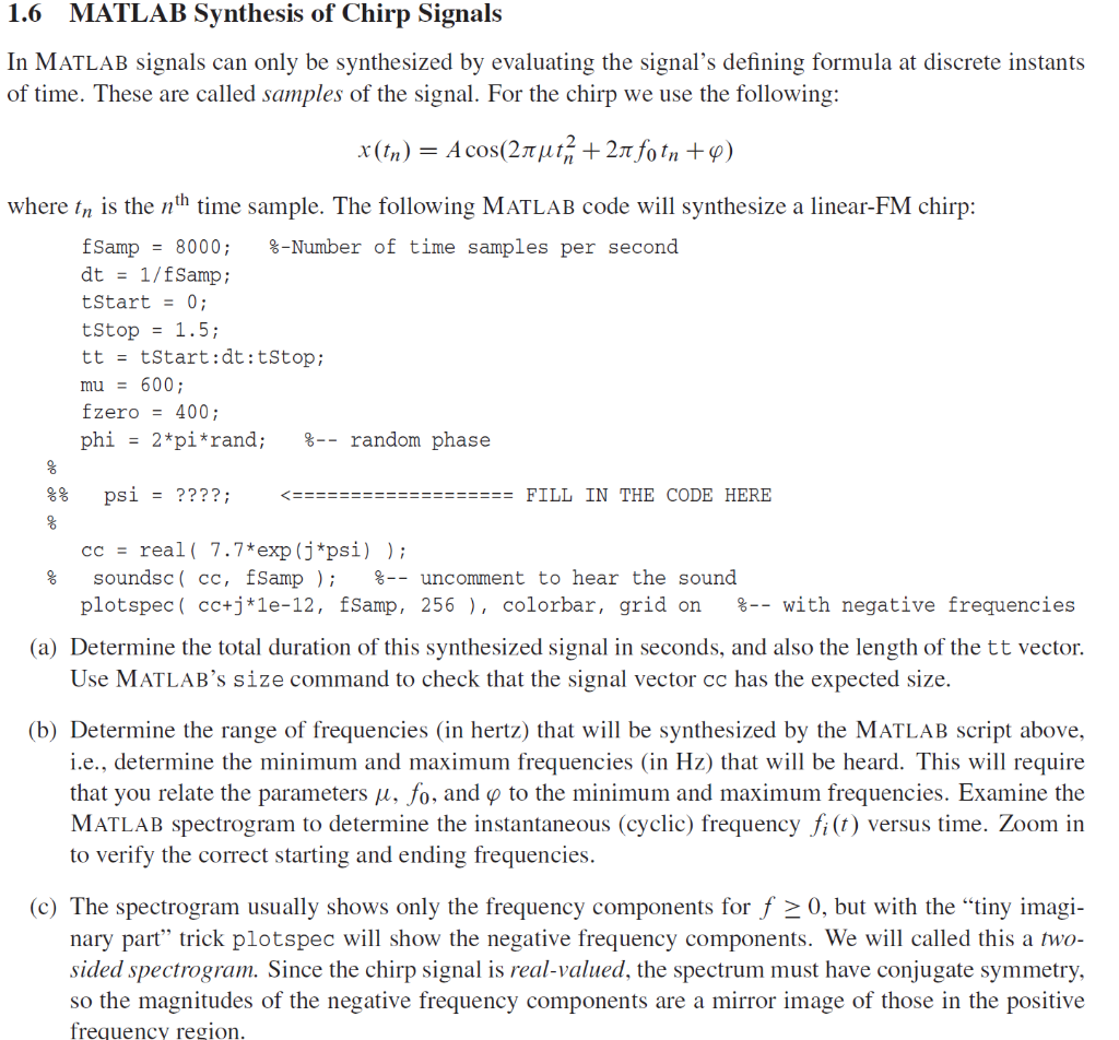 MATLAB Synthesis of Chirp Signals 1.6 In MATLAB | Chegg.com