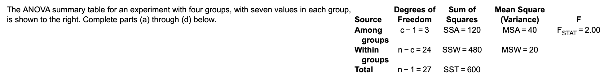 Solved Degrees of Freedom C-1 = 3 Sum of Squares SSA = 120 | Chegg.com