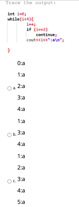 Solved Trace the output: int i=0; while(i