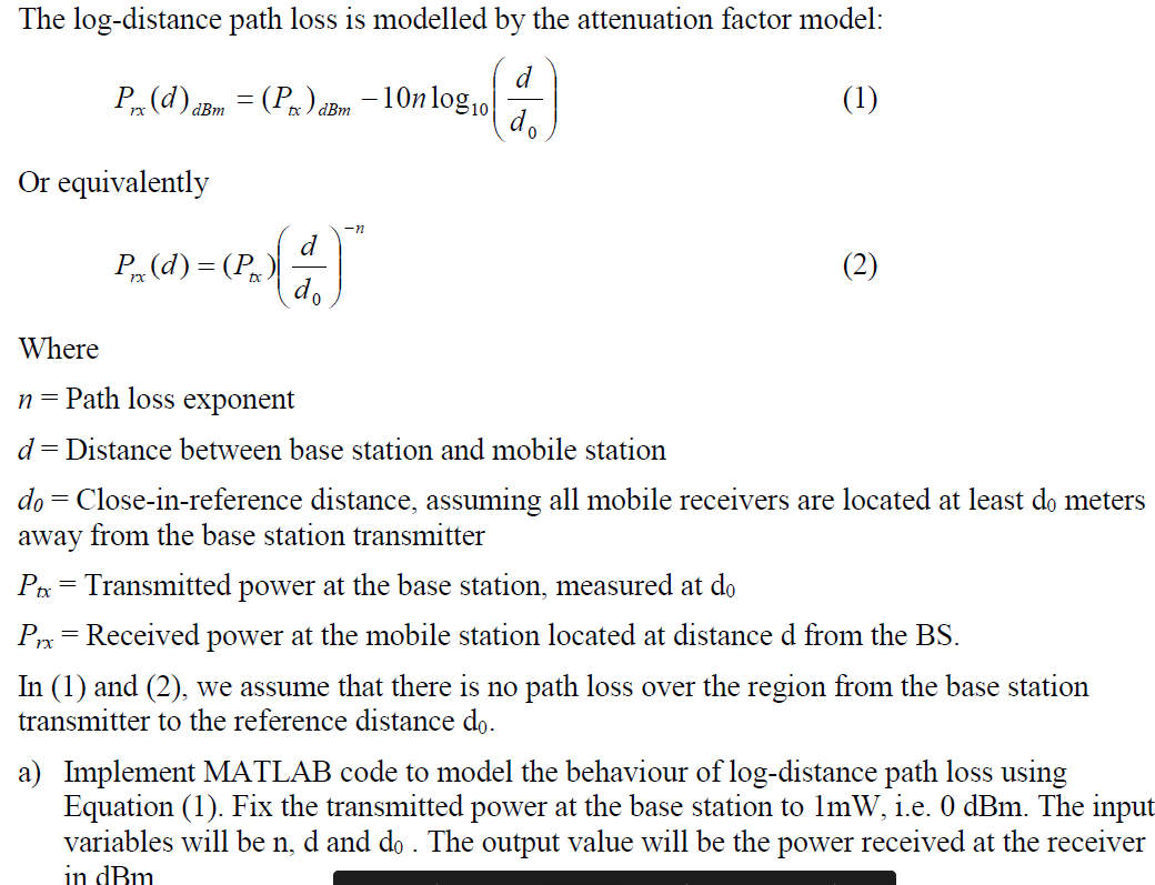Solved The log-distance path loss is modelled by the | Chegg.com