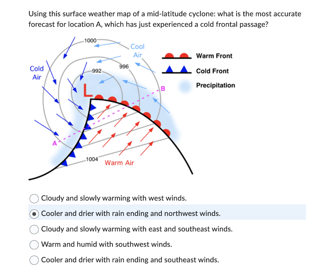 Solved Using this surface weather map of a mid-latitude | Chegg.com