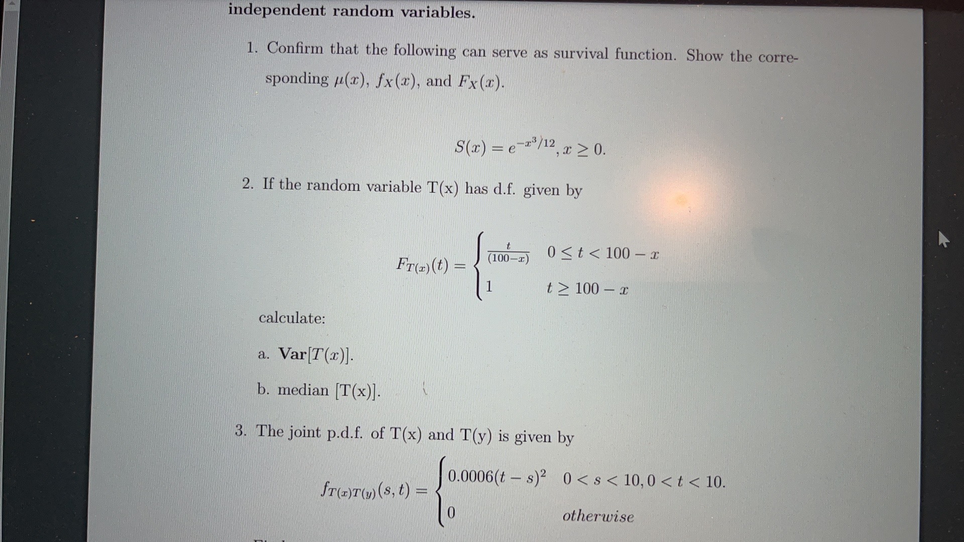 Solved 1. Confirm that the following can serve as survival | Chegg.com