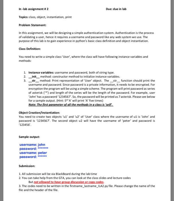 Solved Due: due in lab In-lab assignment # 2 Topics: class, | Chegg.com