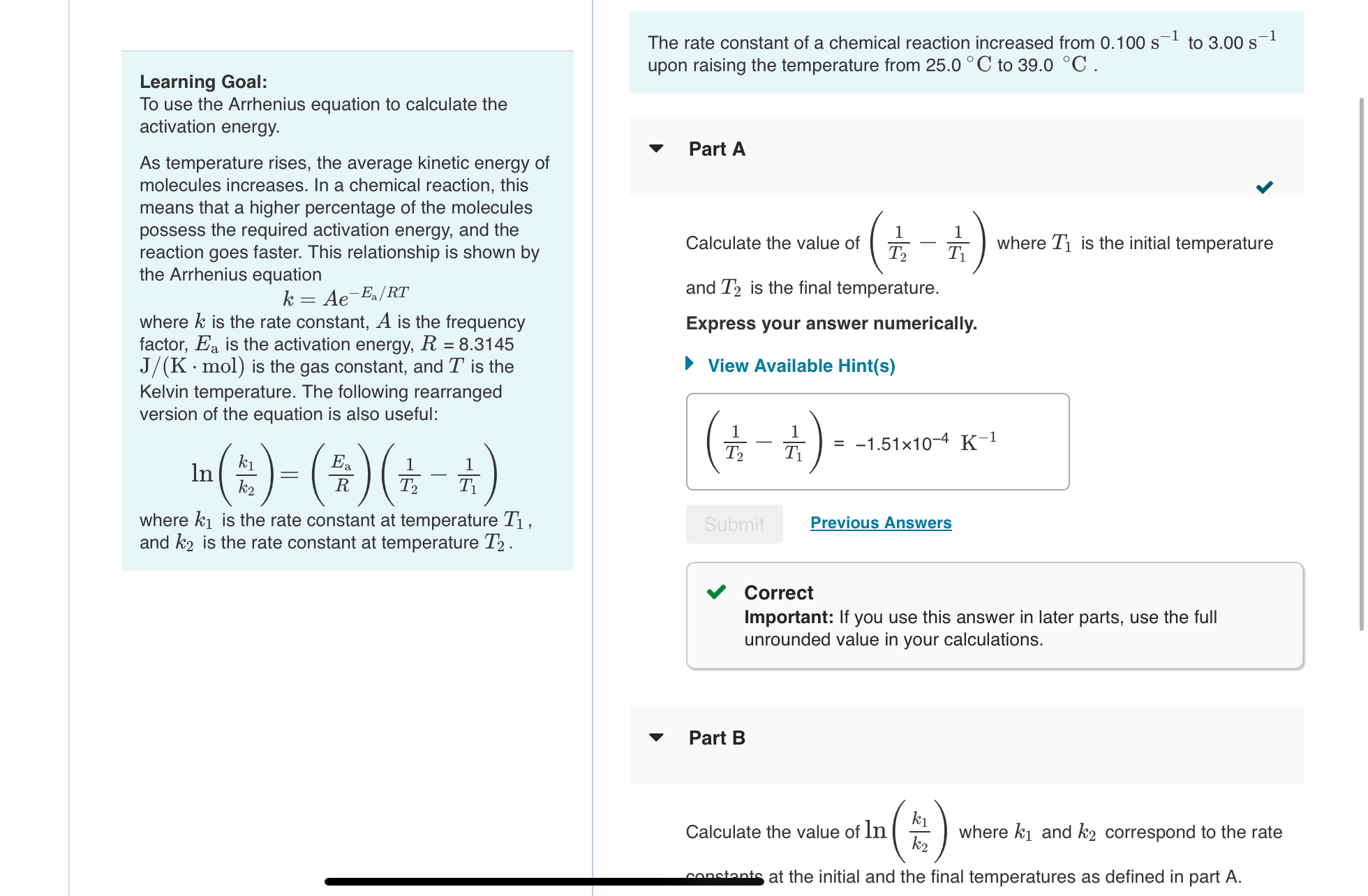 Solved Part CLearning Goal:To use the Arrhenius equation to | Chegg.com