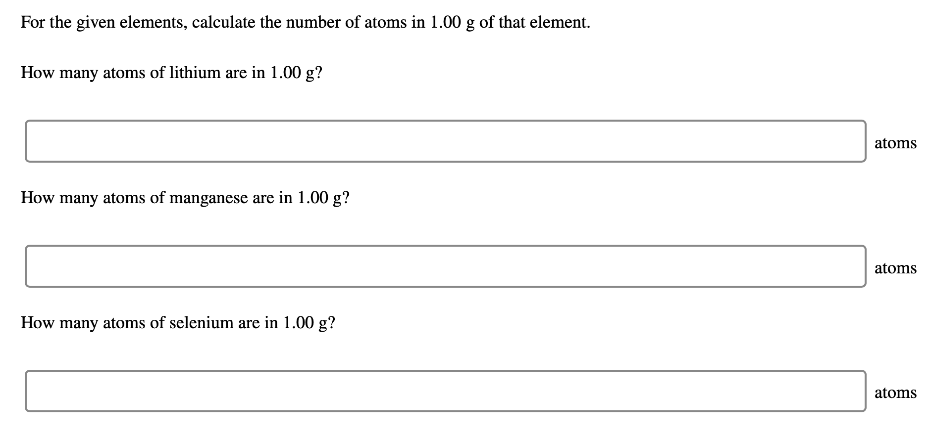 Solved For the given elements, calculate the number of atoms | Chegg.com