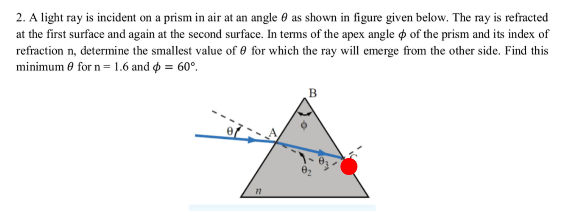 Solved 2. A light ray is incident on a prism in air at an | Chegg.com