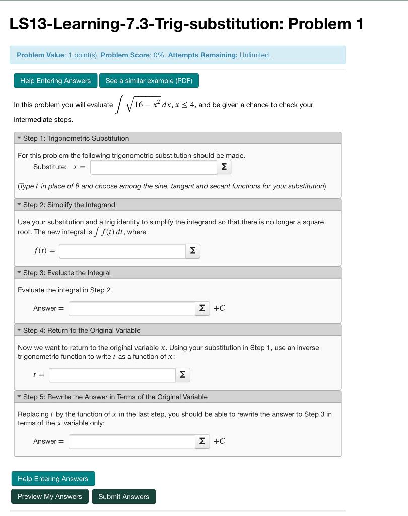 Solved LS13-Learning-7.3-Trig-substitution: Problem 1 | Chegg.com