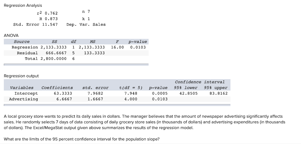Solved n 7 Regression Analysis r2 0.762 R 0.873 Std. Error | Chegg.com