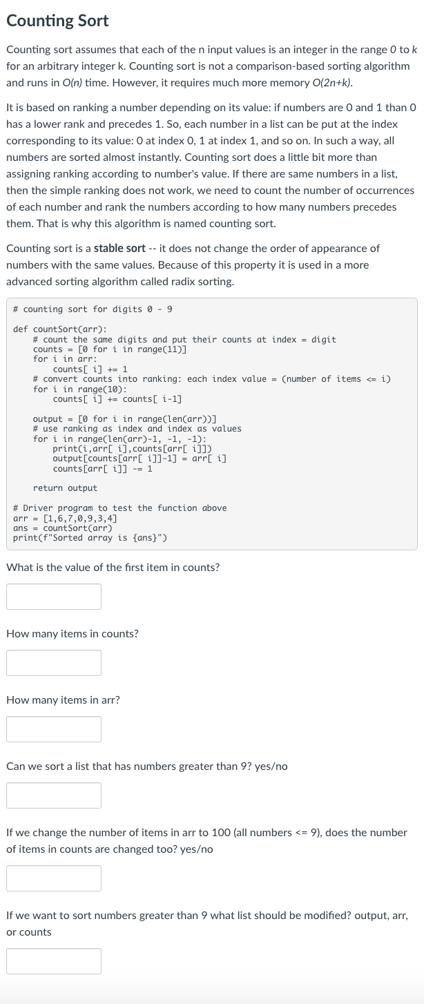 Solved Counting sort assumes that each of the n input values | Chegg.com