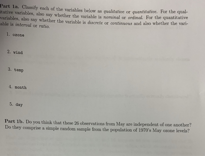 Solved Part 1a. Classify each of the variables below as | Chegg.com