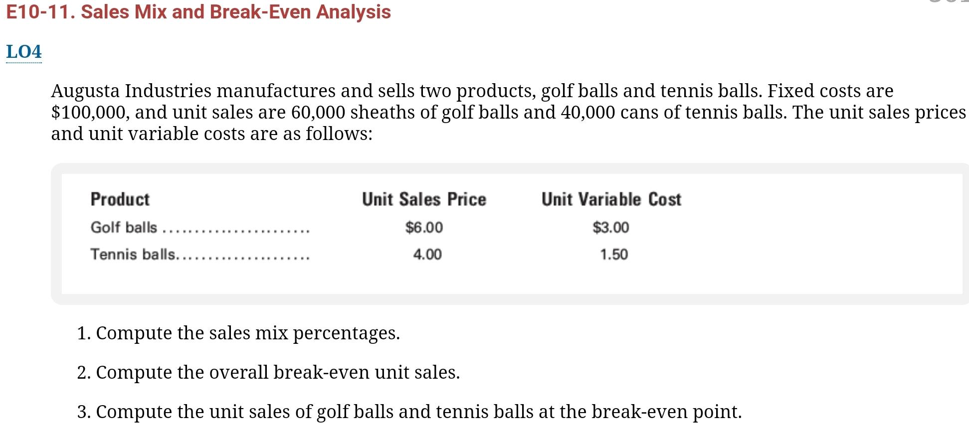 Solved E10-11. Sales Mix and Break-Even Analysis LO4 Augusta | Chegg.com