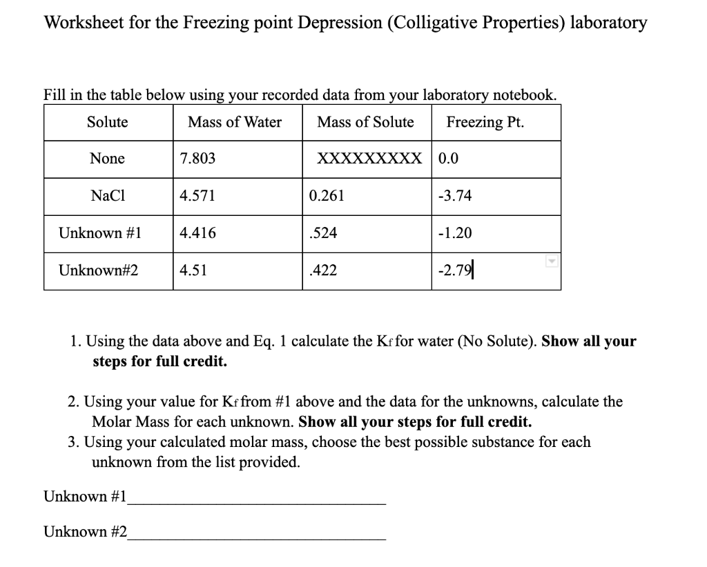 Worksheet for the Freezing point Depression | Chegg.com