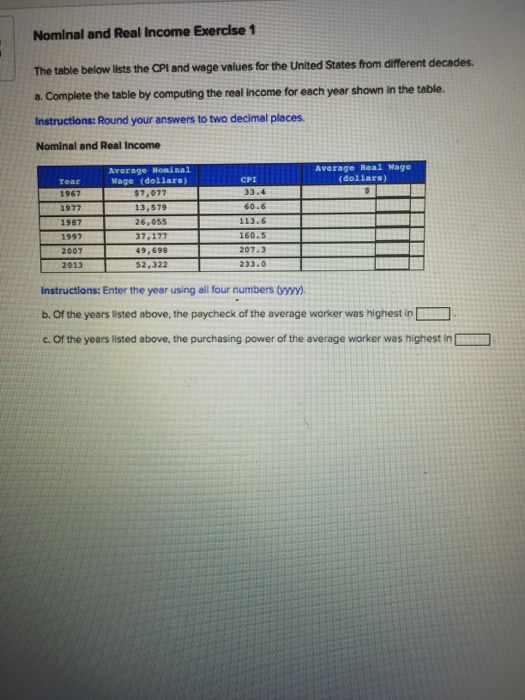 Solved Nominal and Real Income Exercise 1 The table below | Chegg.com