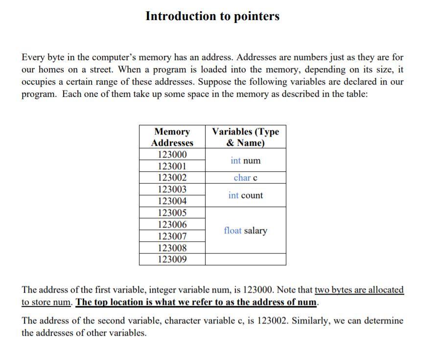 Solved Introduction to pointers Every byte in the computer's | Chegg.com
