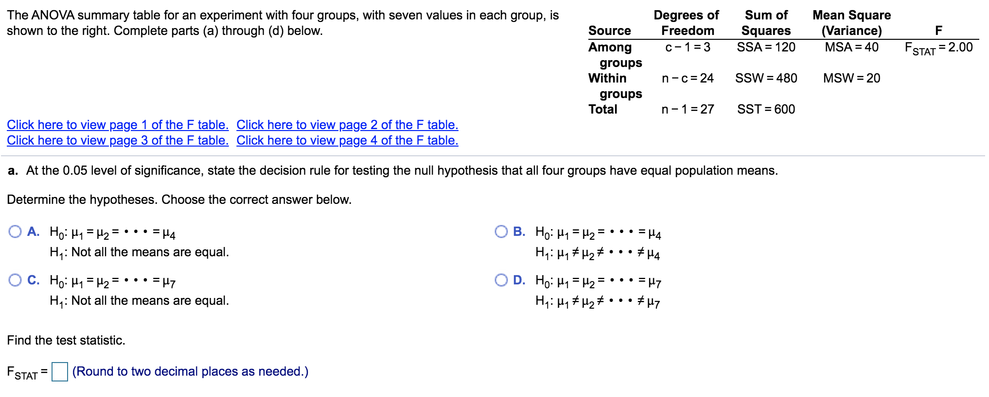 Solved The ANOVA summary table for an experiment with four | Chegg.com