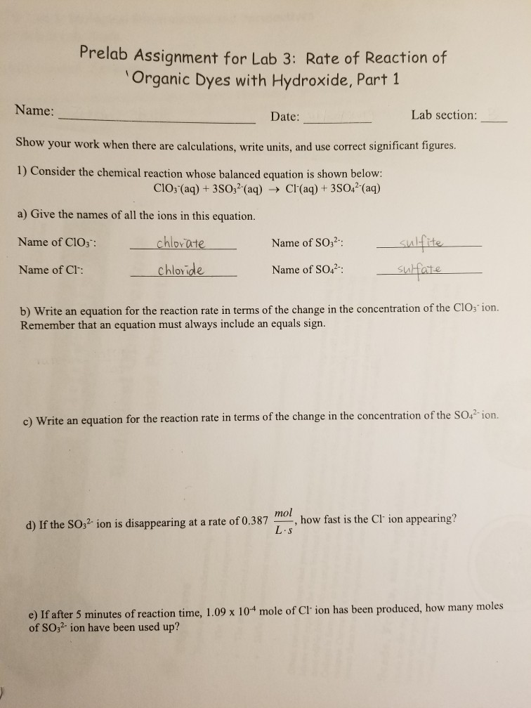 Solved Prelab Assignment for Lab 3: Rate of Reaction of | Chegg.com