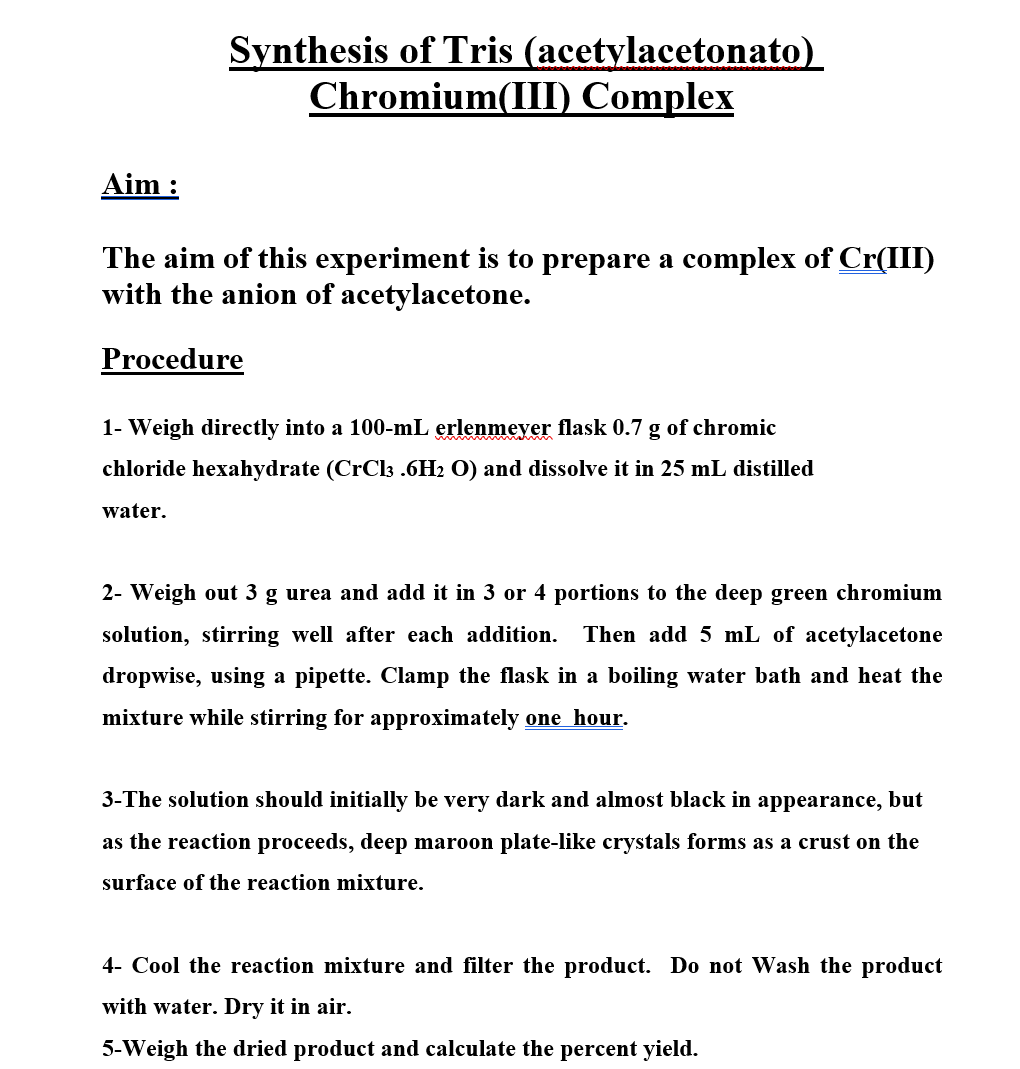 Solved Synthesis of Tris (acetylacetonato) Chromium(III) | Chegg.com