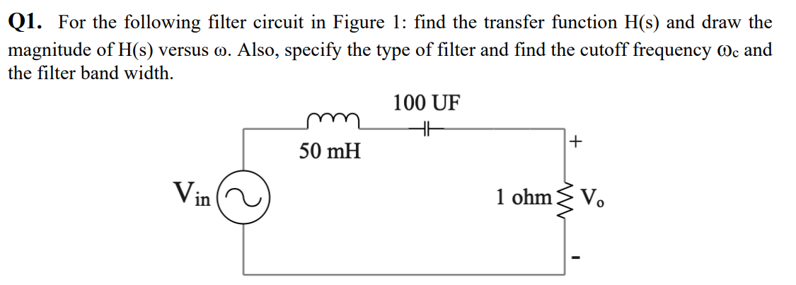 Solved Q1. For the following filter circuit in Figure 1: | Chegg.com
